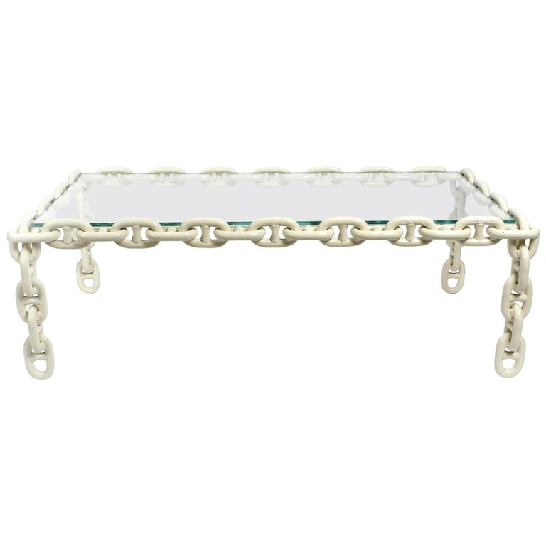 1970s XL Coffee Table Made of Nautical Iron Chain with a Thick Clear ...