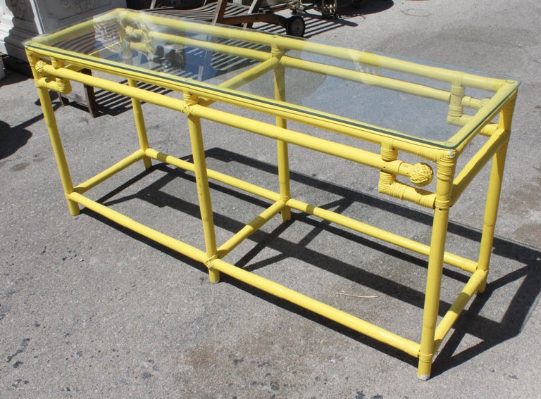 1970s Yellow Bamboo Console Table with Glass Top For Sale at 1stDibs