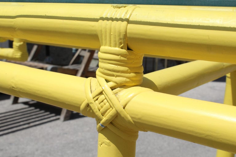 1970s Yellow Bamboo Console Table with Glass Top For Sale at 1stDibs