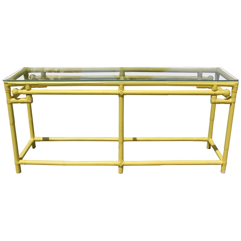 1970s Yellow Bamboo Console Table with Glass Top For Sale at 1stDibs