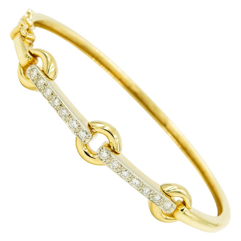1970s Yellow Gold Circle and Diamond Bar Bangle Bracelet at 1stDibs