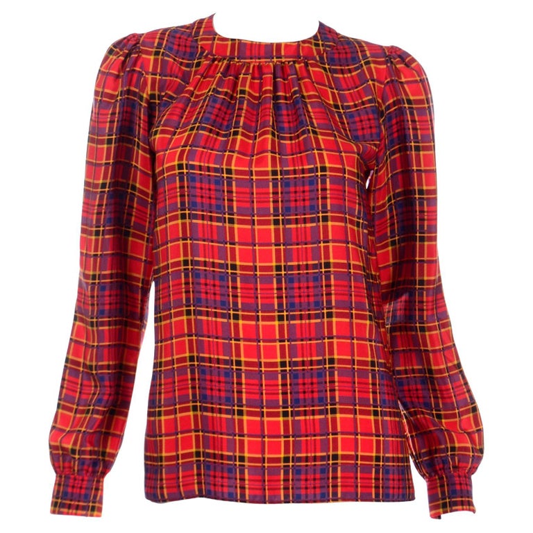 1970s YSL Yves Saint Laurent Vintage Red Blue and Yellow Plaid Silk ...