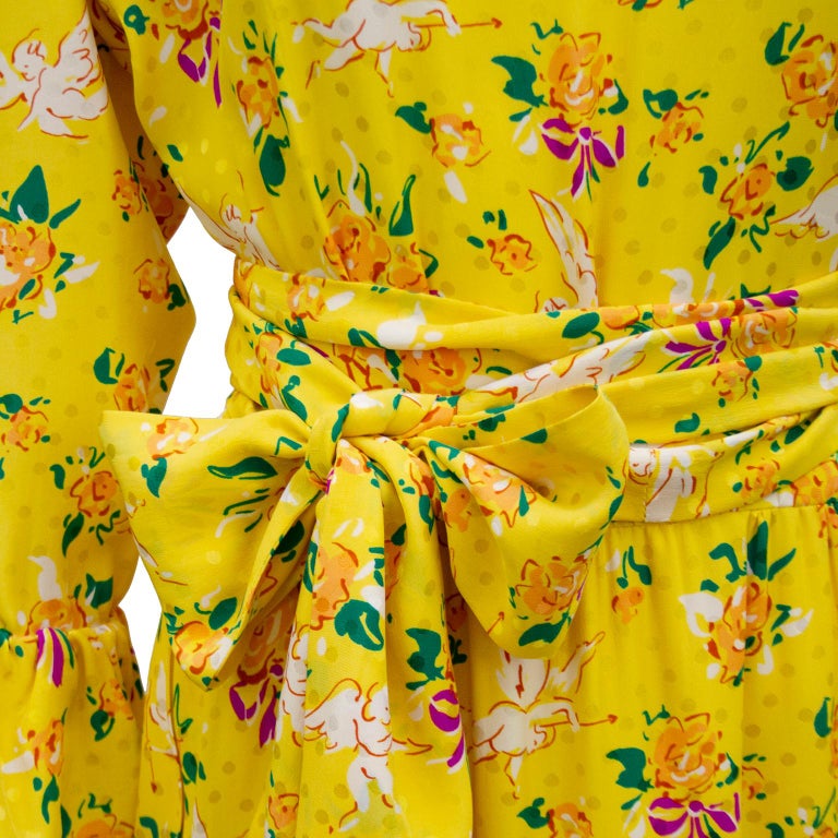 1970s Yves Saint Laurent Yellow Floral and Cupid Silk Jacquard Dress at ...