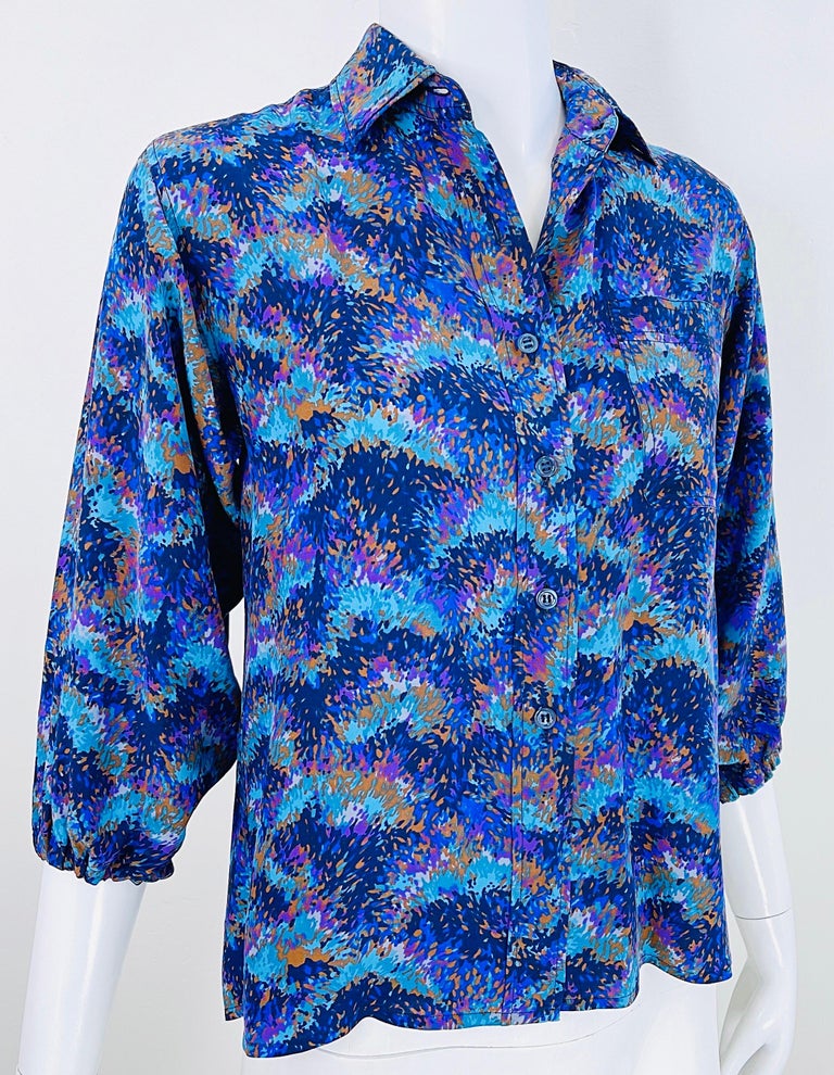 1970s Yves Saint Laurent YSL Rive Gauche Purple + Blue Vintage Silk 70s ...