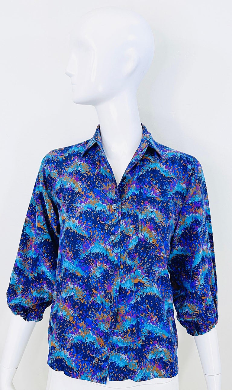 1970s Yves Saint Laurent YSL Rive Gauche Purple + Blue Vintage Silk 70s ...