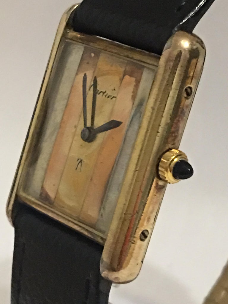 1970s Must de Cartier Paris Silver-Gilt Mechanical Tank Watch, Striped ...