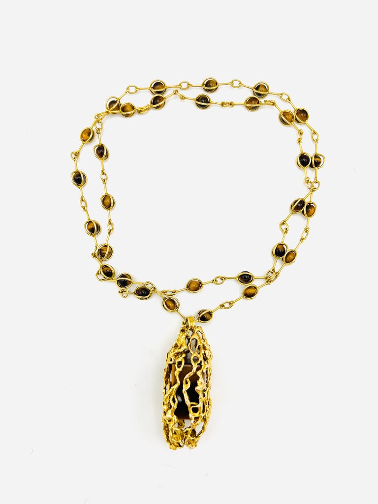 1971 Alan Gard Yellow Gold and Tiger’s Eye Necklace with Pendant at 1stDibs