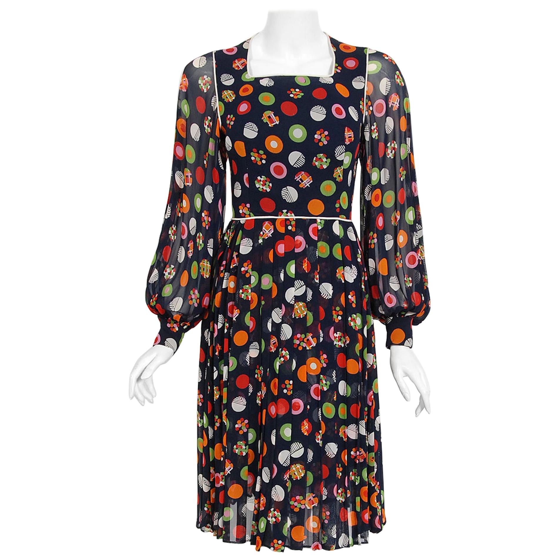 1973 Christian Dior Demi-Couture Pink Deco Print Cotton Pleated Sun ...