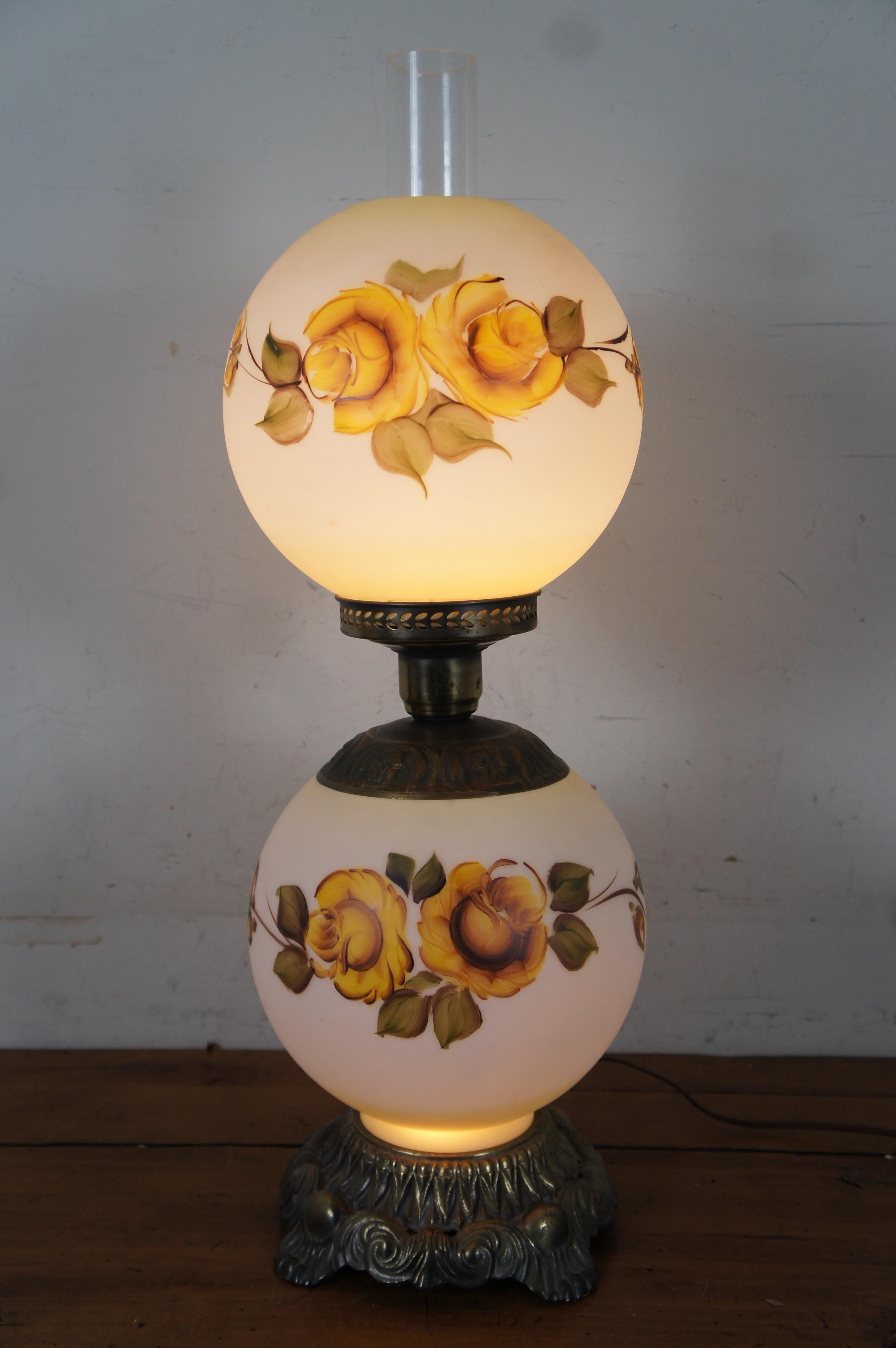 1972 EF and EF Gone with the Wind Yellow Roses Parlor Hurricane Lamp Lantern For Sale at 1stDibs
