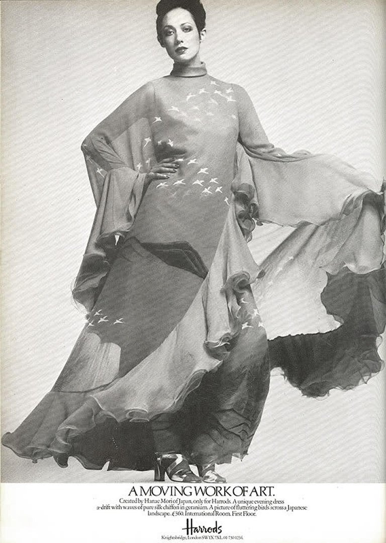1972 Hanae Mori Couture Documented Scenic Bird Print Silk-Chiffon ...