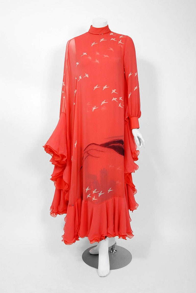 1972 Hanae Mori Couture Documented Scenic Bird Print Silk-Chiffon ...