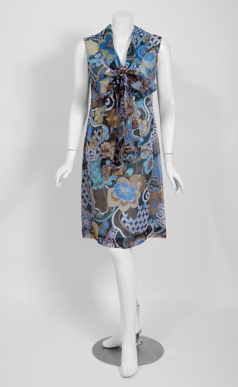 Vintage 1972 Pierre Balmain Haute-Couture Floral Silk Scarf-Neck Dress ...