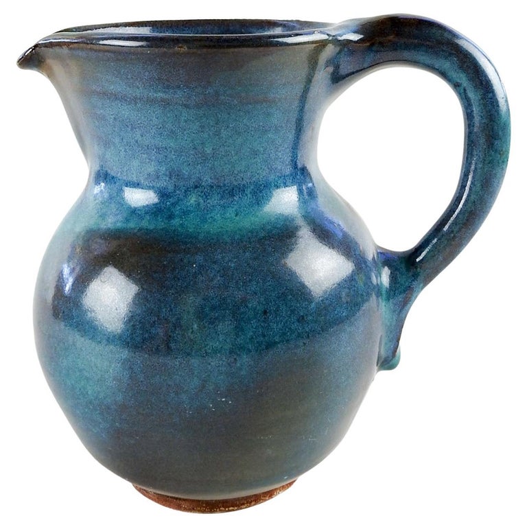 1973 Turquoise Blue Harding Black Pottery Pitcher For Sale at 1stDibs