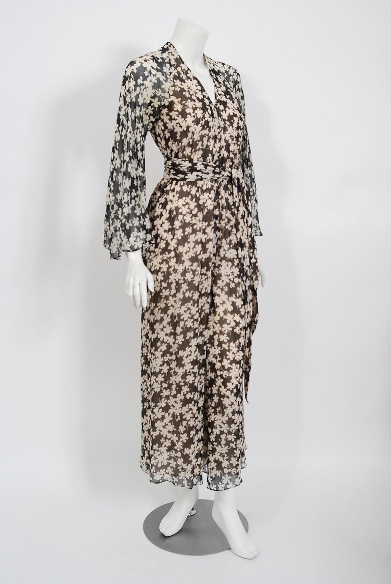 Vintage 1975 Halston Couture Documented Black and Ivory Clover Print ...