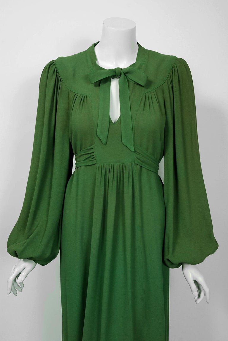 1975 Ossie Clark Green Moss-Crepe Billow Sleeve Tie Collar Belted Dress ...