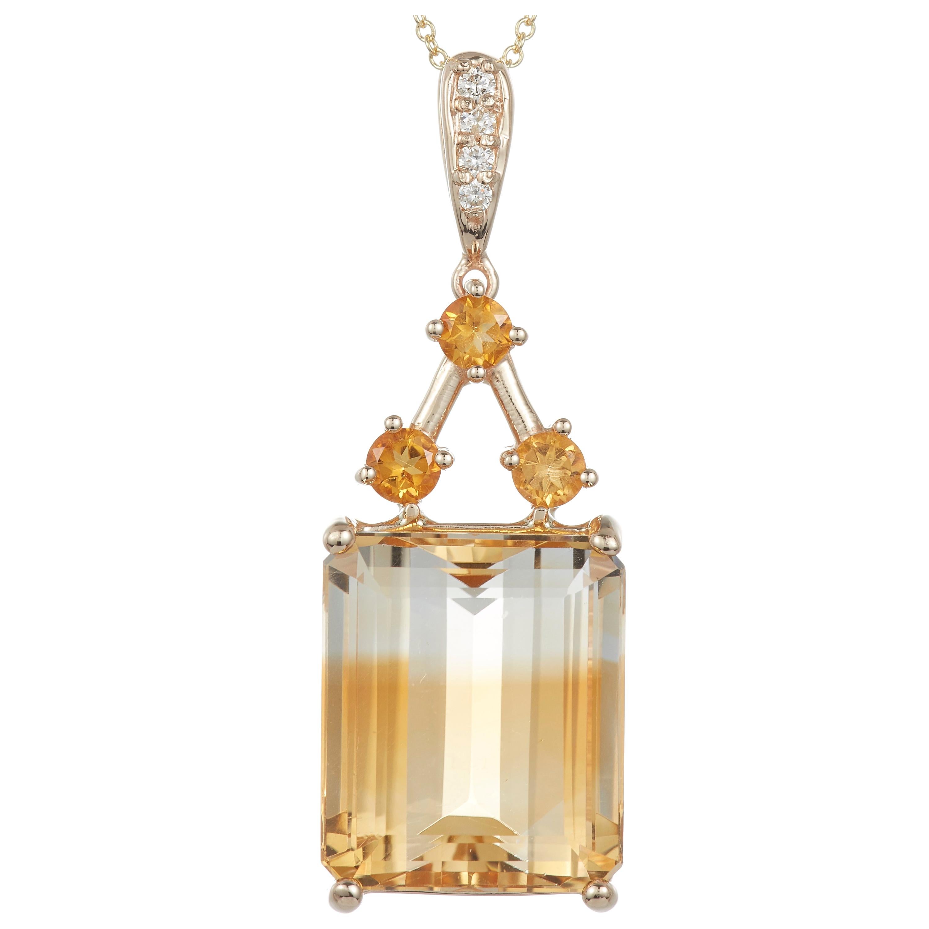 Emerald Cut Bicolor Citrine Cabochon Diamond Pendant 14 Karat Gold ...