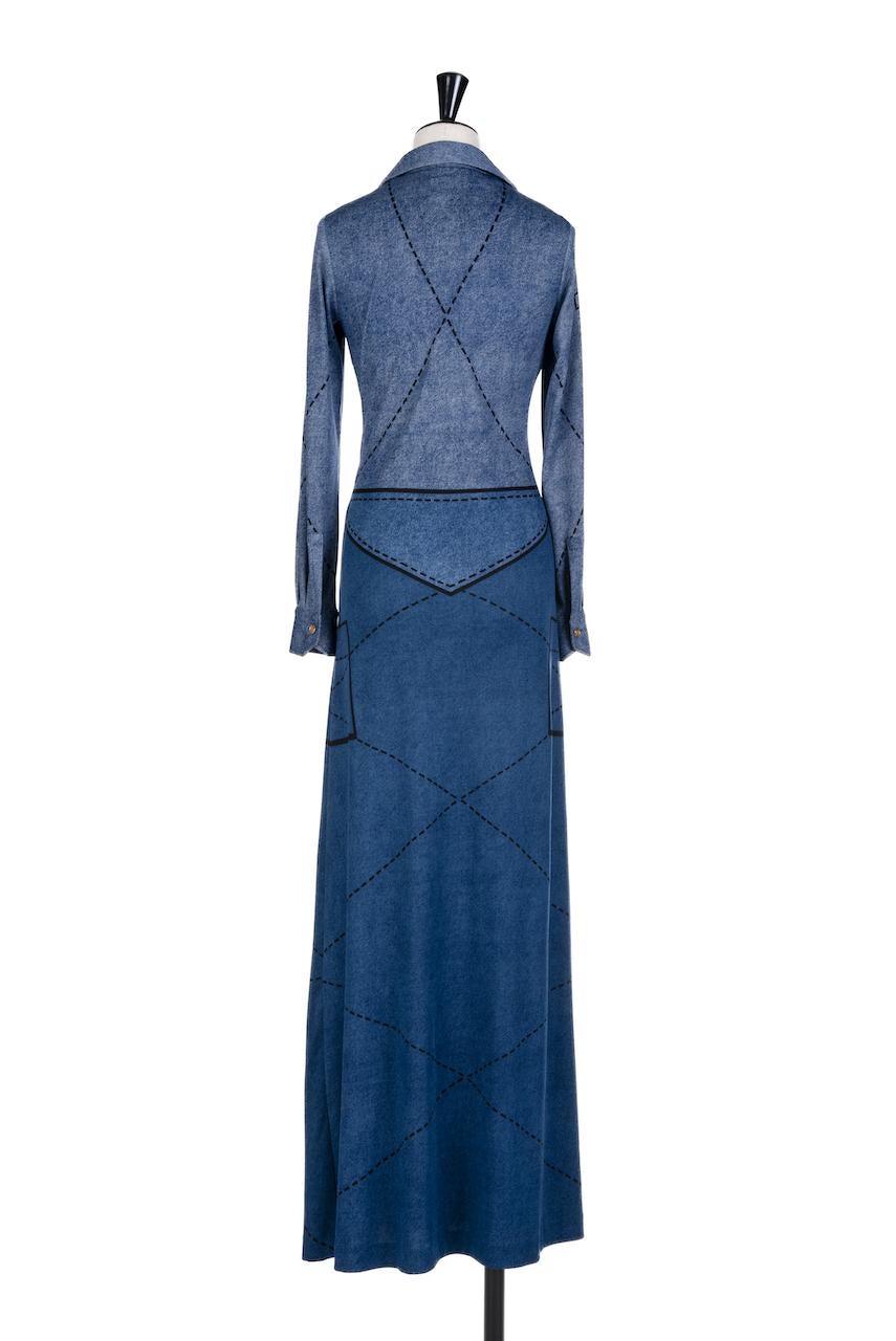 1976 Roberta di Camerino "Hippie" Blue Jersey Trompe l'Oeil Print Maxi ...