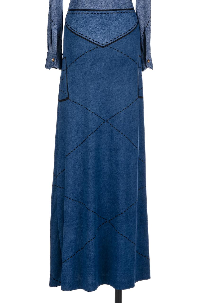 1976 Roberta di Camerino "Hippie" Blue Jersey Trompe l'Oeil Print Maxi ...