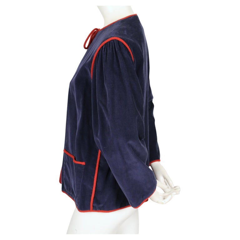1977 YVES SAINT LAURENT blue corduroy peasant RUNWAY jacket with red ...