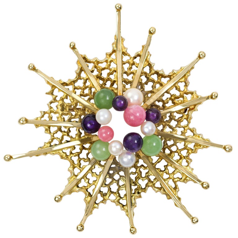 Stuart Devlin Amethyst, Jade, Rhodochrosite, Pearl and Gold Brooch 1979 ...