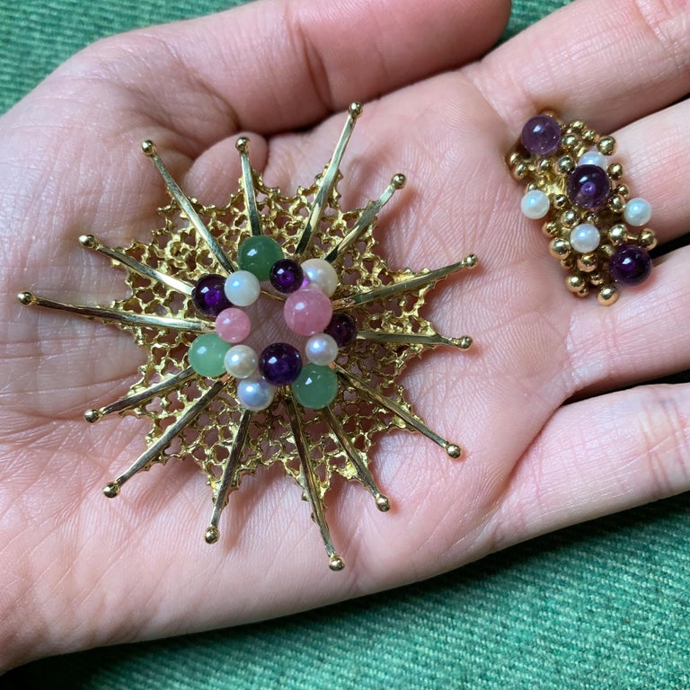 Stuart Devlin Amethyst, Jade, Rhodochrosite, Pearl and Gold Brooch 1979 ...