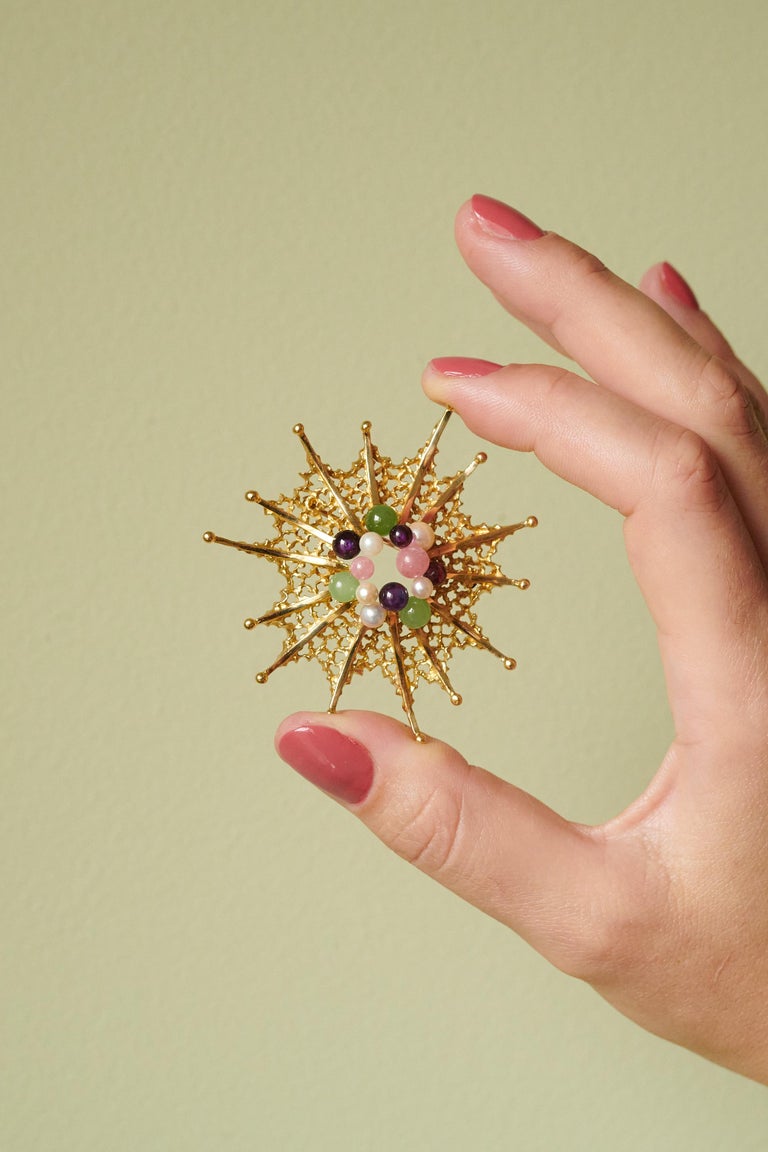 Stuart Devlin Amethyst, Jade, Rhodochrosite, Pearl and Gold Brooch 1979 ...