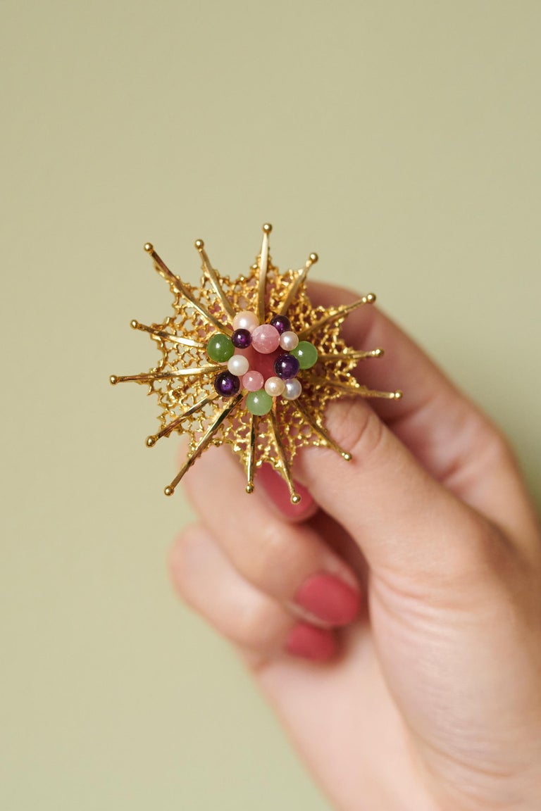 Stuart Devlin Amethyst, Jade, Rhodochrosite, Pearl and Gold Brooch 1979 ...