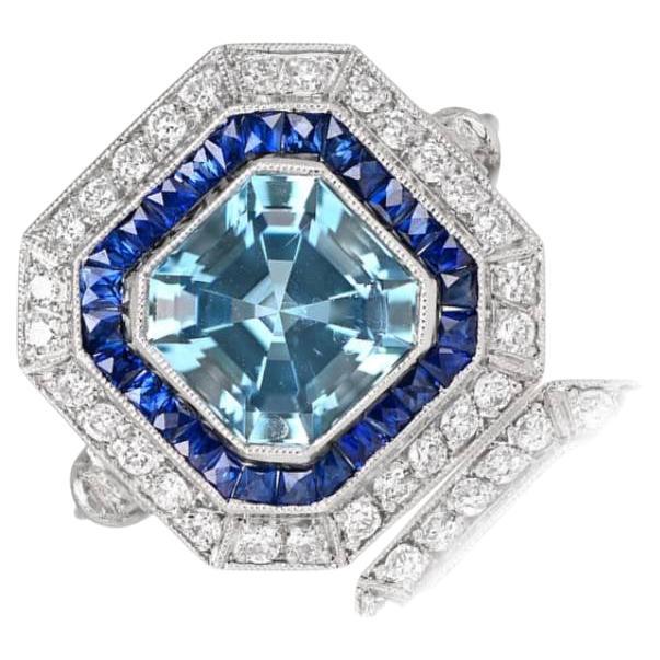 1.97ct Asscher Cut Aquamarine Engagement Ring, Diamond and Sapphire ...