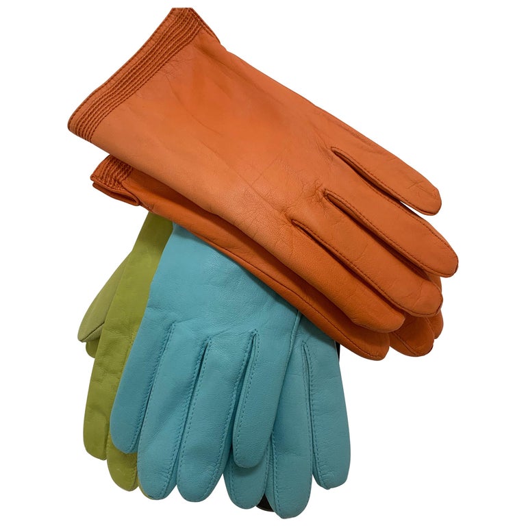 1980 3 Pairs Orange Turquoise and Chartreuse Leather Lined Gloves at ...