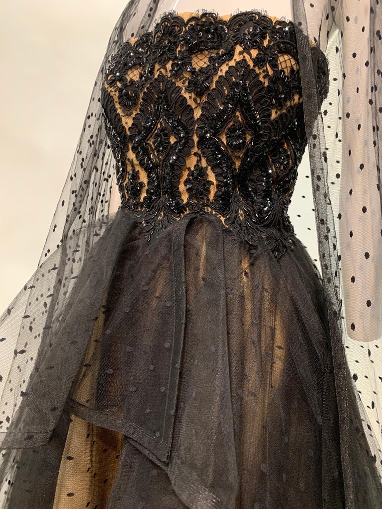 1980 Albert Capraro Couture Black Tulle and Beaded Lace Strapless Gown ...