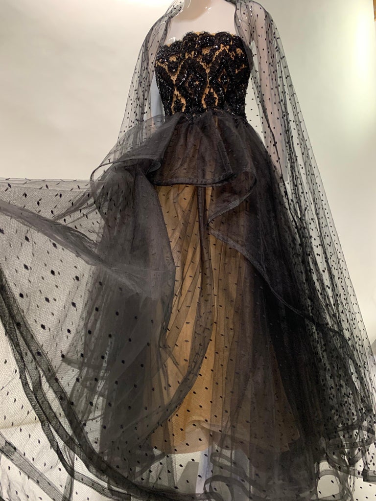 1980 Albert Capraro Couture Black Tulle and Beaded Lace Strapless Gown ...