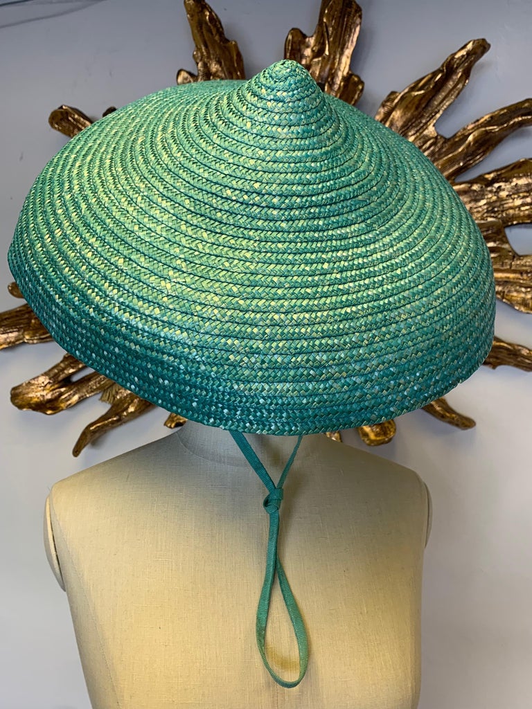 1980 Jade Green Straw Pagoda-Top Beach Hat w Under-Chin Strap For Sale ...