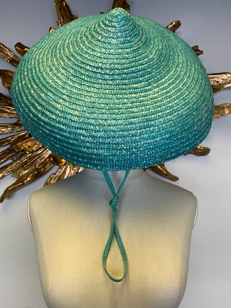 1980 Jade Green Straw Pagoda-Top Beach Hat w Under-Chin Strap For Sale ...