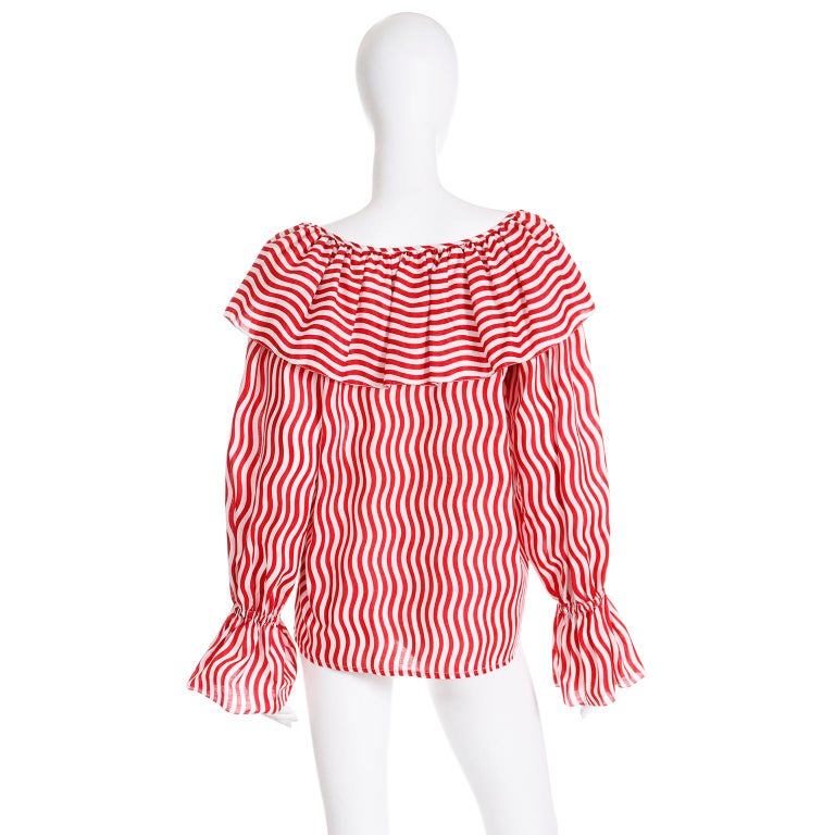 1980 Runway Yves Saint Laurent Red and White Striped Ruffled Blouse For ...