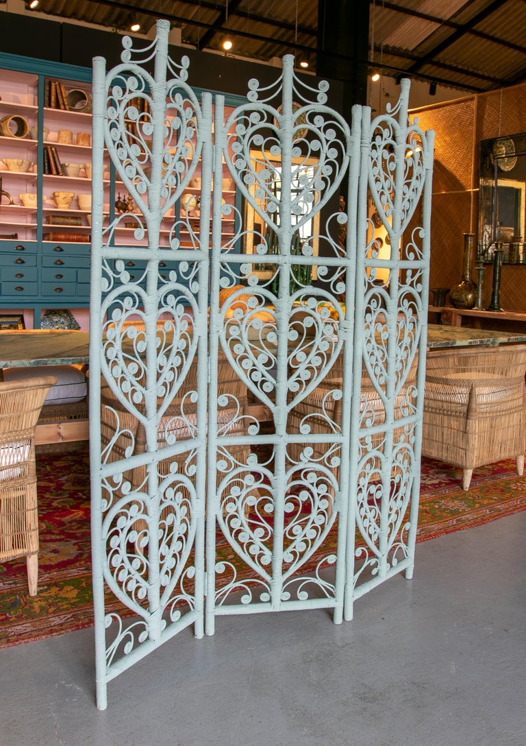1980 Spanish Hand Woven 3-Panel Green Bamboo Folding Screen For Sale at ...