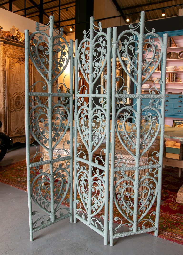 1980 Spanish Hand Woven 3-Panel Green Bamboo Folding Screen For Sale at ...