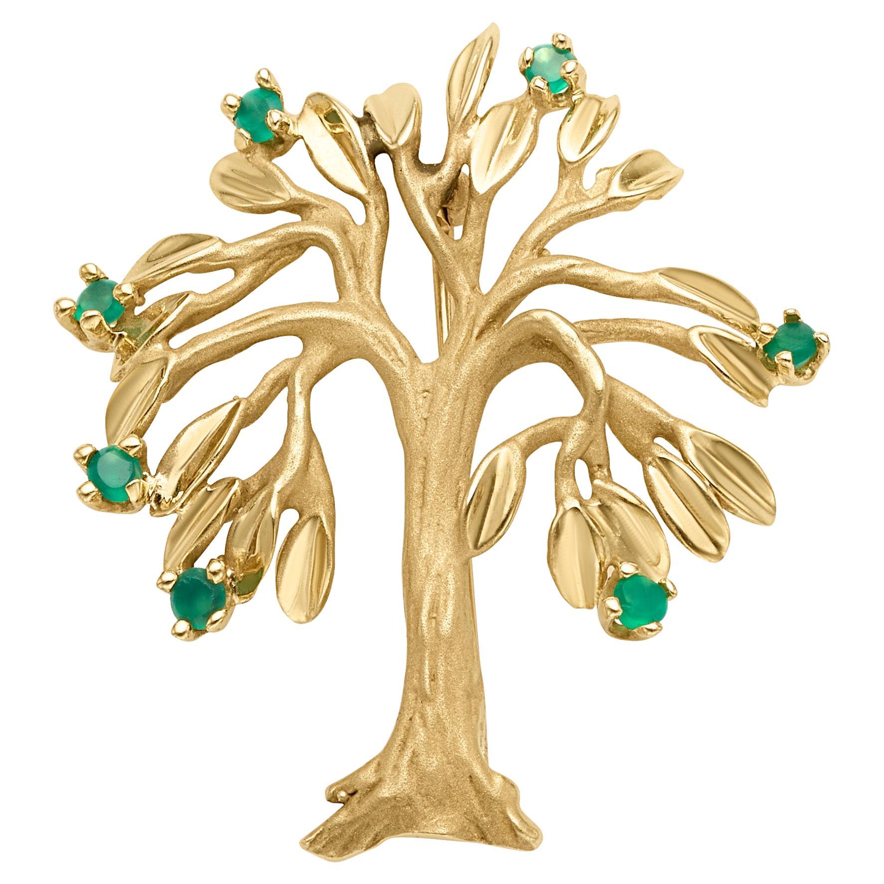 1980s 14k Yellow Gold Emerald Tree of Life Pin For Sale at 1stDibs