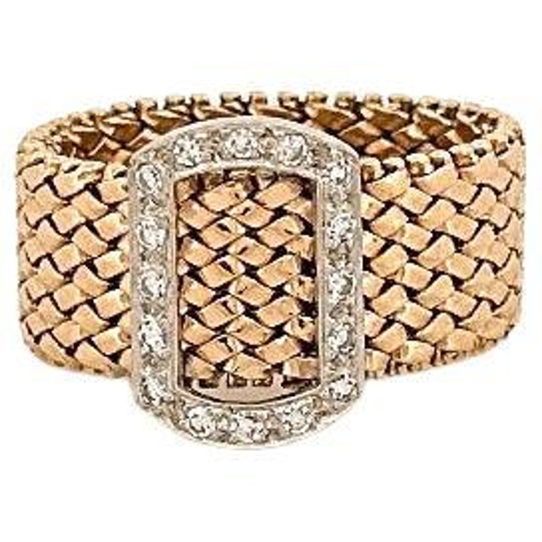 1980s 14kt Yellow Gold Mesh Ring with Diamond Buckle For Sale at 1stDibs