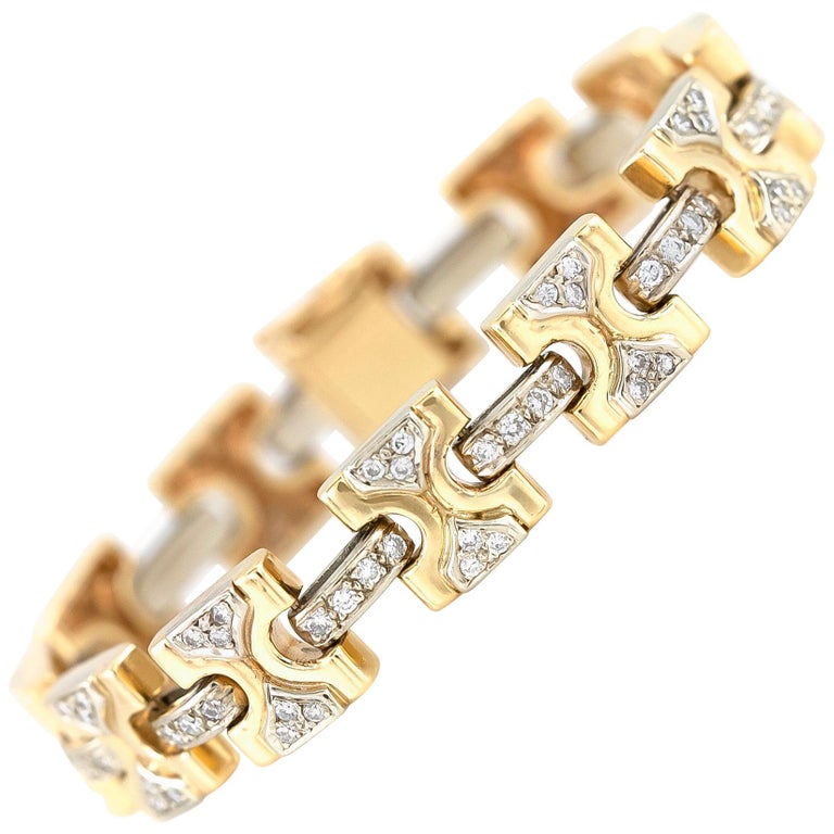 1980s 18 Karat Yellow Link with Diamond Bracelet For Sale at 1stDibs