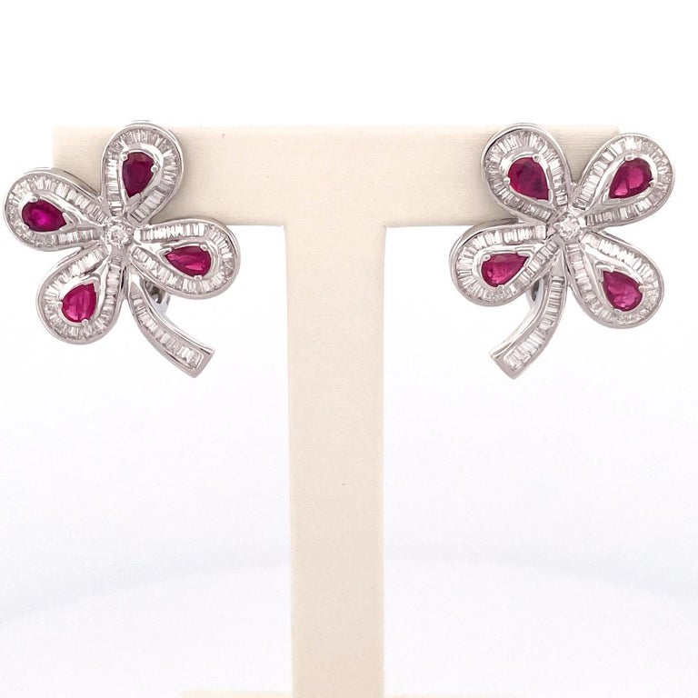 1980'S 18K White Gold Ruby and Diamond Clover Shaped Earrings For Sale ...
