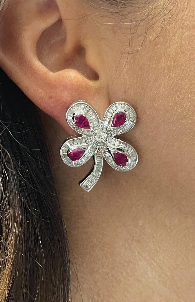 1980'S 18K White Gold Ruby and Diamond Clover Shaped Earrings For Sale ...