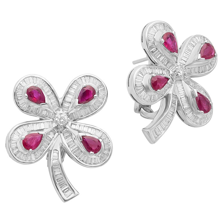 1980'S 18K White Gold Ruby and Diamond Clover Shaped Earrings For Sale ...