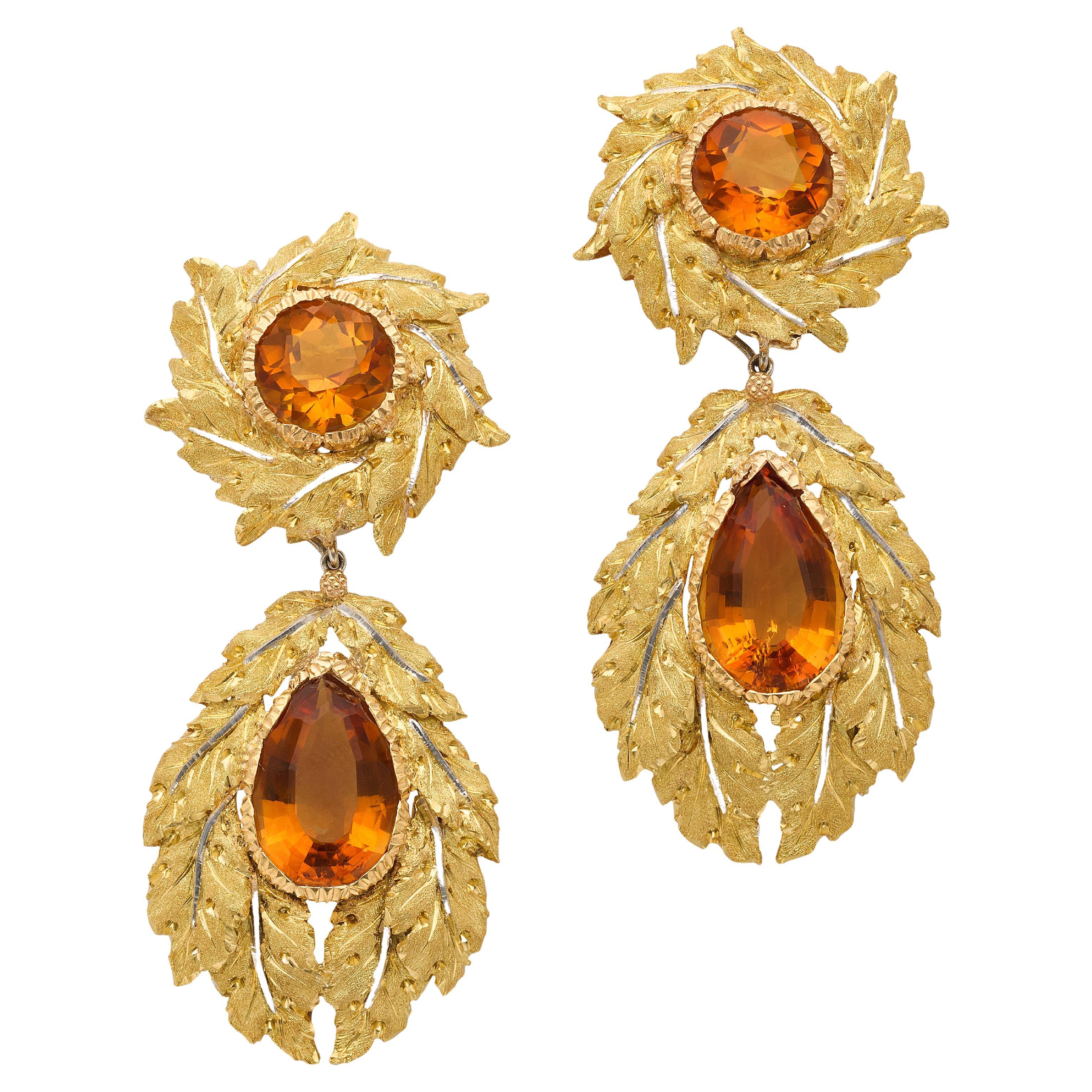 Citrine Gold Round Carved Leaf Earrings For Sale at 1stDibs