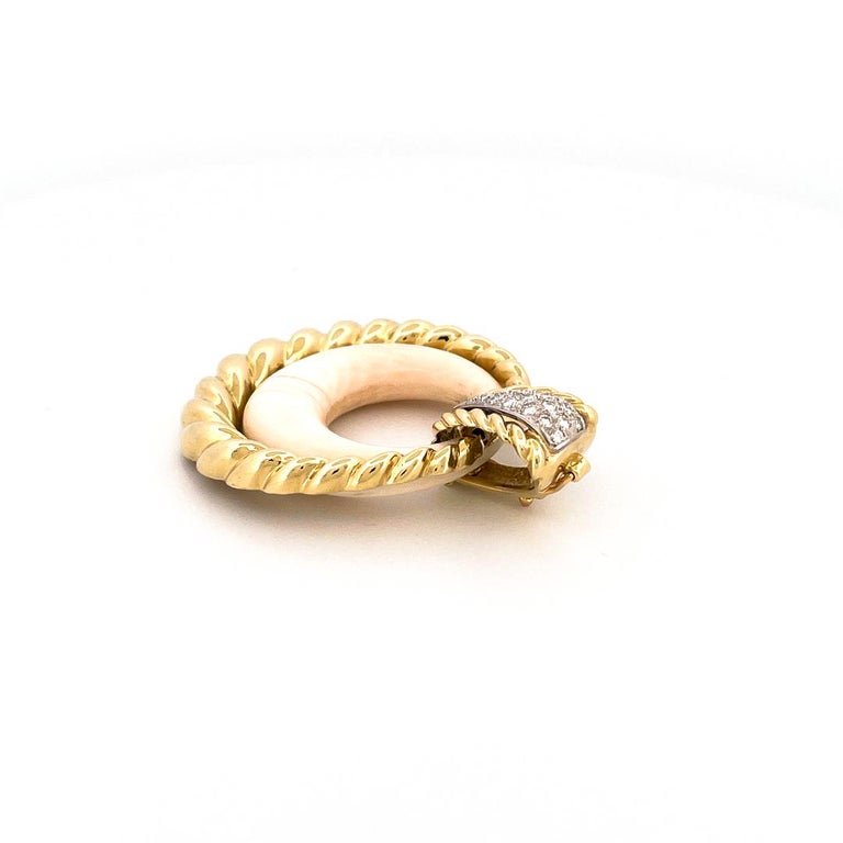 1980's 18k Yellow Gold Diamond and Ivory Circle Pendant For Sale at 1stDibs