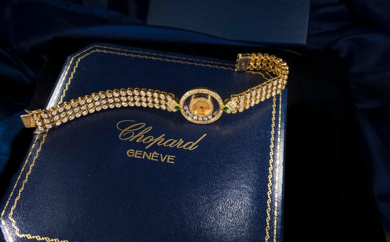 1980s-1990s Chopard Happy Diamond Emerald Approx 14 Carat Bracelet ...