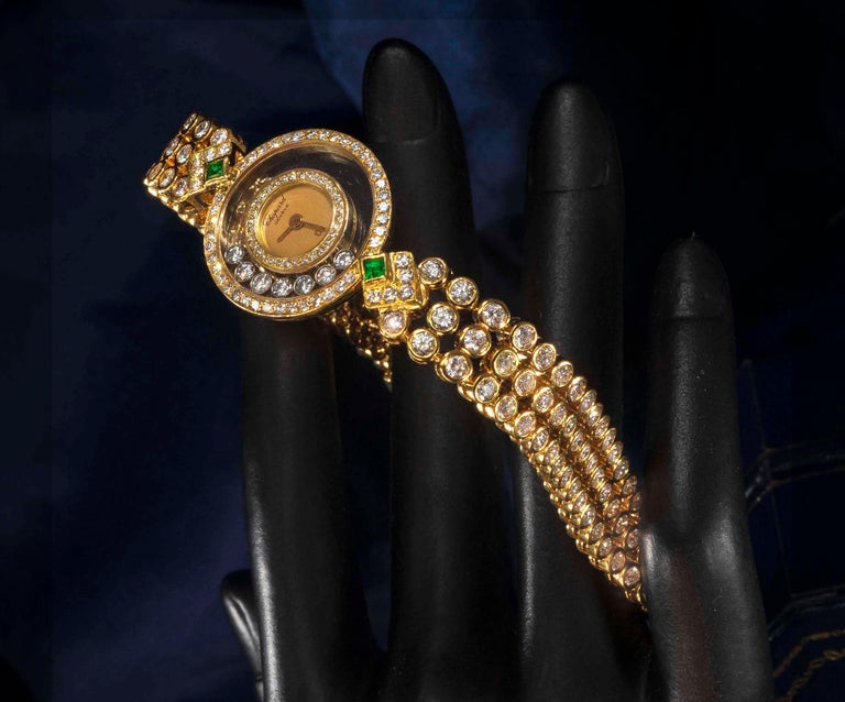 1980s-1990s Chopard Happy Diamond Emerald Approx 14 Carat Bracelet ...