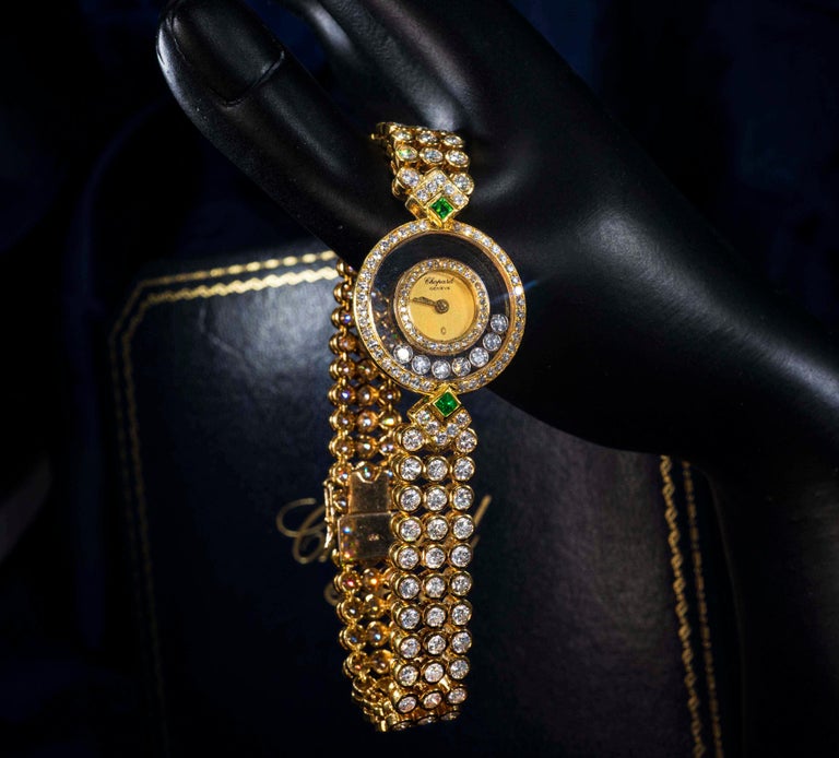 1980s-1990s Chopard Happy Diamond Emerald Approx 14 Carat Bracelet ...