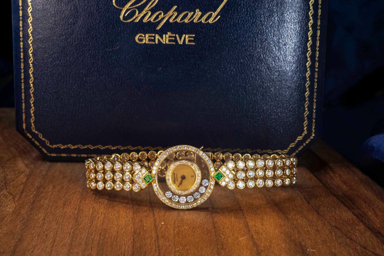 1980s-1990s Chopard Happy Diamond Emerald Approx 14 Carat Bracelet ...