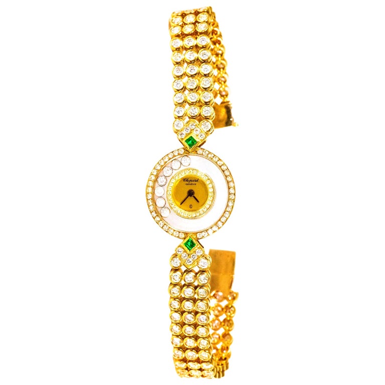 1980s-1990s Chopard Happy Diamond Emerald Approx 14 Carat Bracelet ...