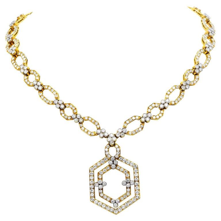 1980's 20.70cts Diamond 18K Yellow Gold Hexagon Link Chain Necklace For ...
